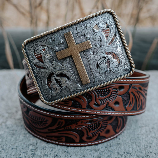 1 1/2" Cross with Rope Edge Border Buckle Belt - AndWest